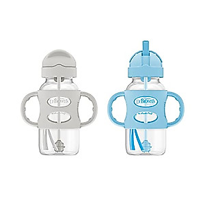 Dr. Brown’s® Milestones™ Wide-Neck Sippy Straw Bottle with 100% Silicone Handles, 9oz/270mL, Gray & Blue, 2 Pack, 6m+