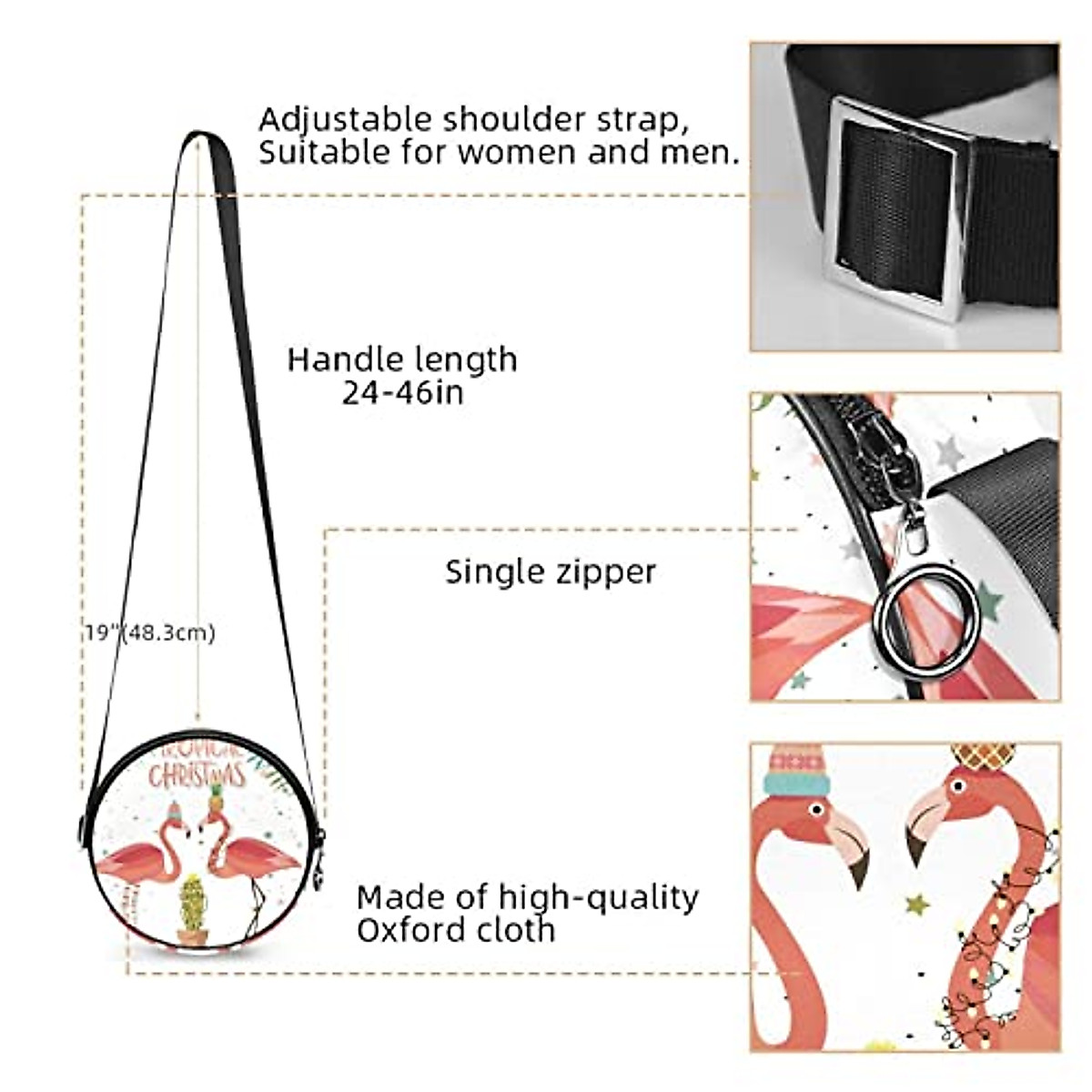 Tropical Christmas Flamingo Crossbody Bag for Women Teen Girls Round Canvas Shoulder Bag Purse Tote Handbag Bag