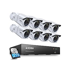 ZOSI 4K Ultra HD Security Cameras System, 8 Channel H.265+ 4K Video NVR, 8 x 4K (8MP) Ip66 Bullet Weatherproof Surveillance Cameras, Motion Alert , 100ft Night Vision, with 2TB Hard Drive