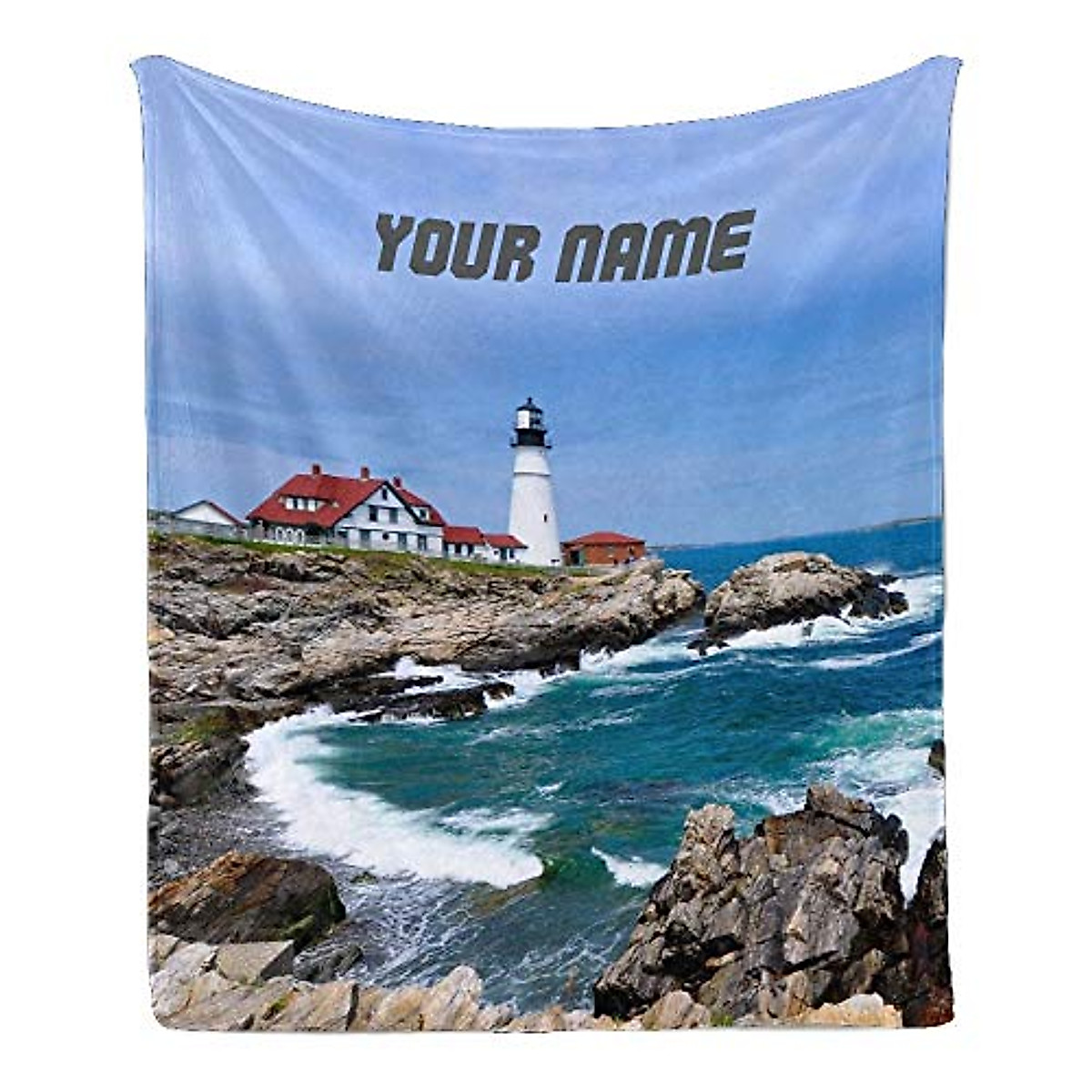 CUXWEOT Custom Blanket with Name Text,Personalized Beautiful Sea Lighthouse Super Soft Fleece Throw Blanket for Couch Sofa Bed (50 X 60 inches)