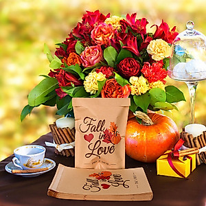 Whaline 100 Pack Fall Wedding Favor Candy Bags Fall in Love Treat Bags Pumpkin Maple Leaves Self-Adhesive Buffet Kraft Paper Cookie Bags Party Favor Snack Bags for Autumn Wedding Gift, 5x7.1 Inch