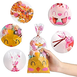 LOKIPA Easter Celllophane Treat Bags, 120 Pieces Clear Easter Candy Bags with 150 Twist Ties for Easter Supplies