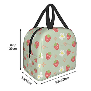Ucsaxue Green Strawberry and Flowers Lunch Bag Small Insulated Lunch Box with Front Pocket Aesthetic Lunch Bags for Girls Boys Freezable Bento Box Women Men Lunch Boxes