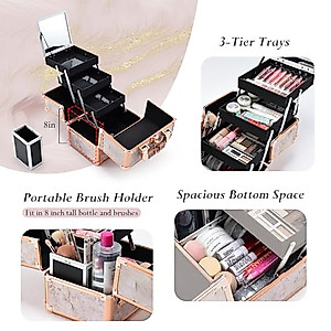 Costravio Makeup Train Case Rose Gold Cosmetic Box with Mirror & Brush Holder Home or Travel Organizer for Make-up and Jewelry Storage Box with 3-Tier Tackle Trays Portable Lockable Golden Marble