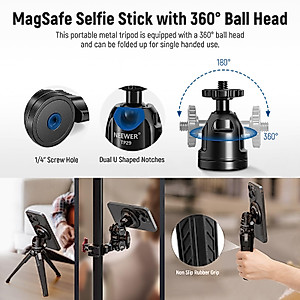 NEEWER Magnetic Desk Phone Tripod Set Compatible with MagSafe iPhone 16 15 Pro Max Plus 14 13 12 Series, Single Hand Grip Selfie Stick Metal Tabletop Mini Tripod with Ball Head, PA010+TP29