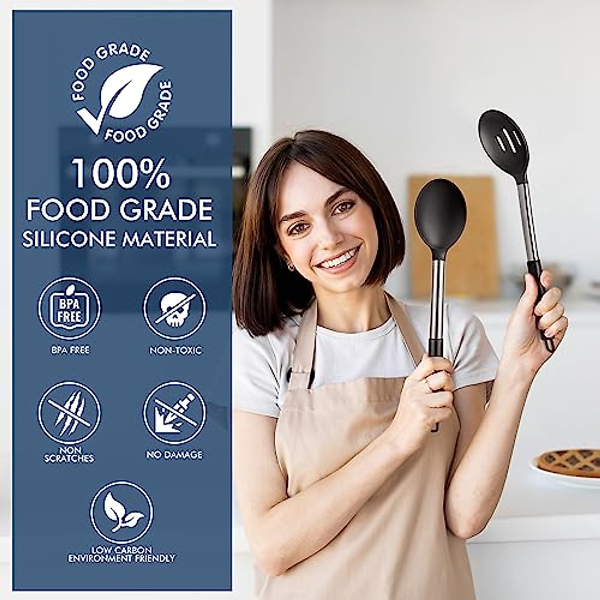 HOTEC Heat Resistant Large Silicone Cooking Spoon, Solid Slotted Spoons, Nonstick Kitchen Cookware Utensils, Mixing, Serving, Stiring Large Spoons, Black