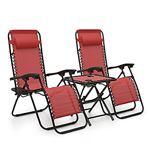 MoNiBloom 3PCS Leisure Chairs Table Set Outdoor Furniture Zero Gravity Chairs Recliner Adjustable Folding Lounger for Pool Patio Camping Yard Beach Vacation, 330lbs Capacity, Maroon