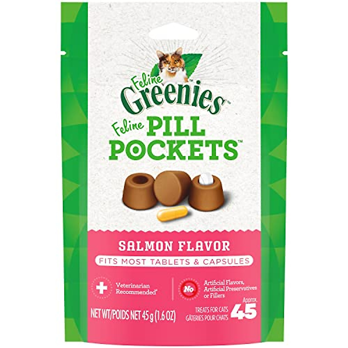 FELINE GREENIES PILL POCKETS for Cats Natural Soft Cat Treats, Salmon Flavor, 1.6 oz. Pack (45 Treats)