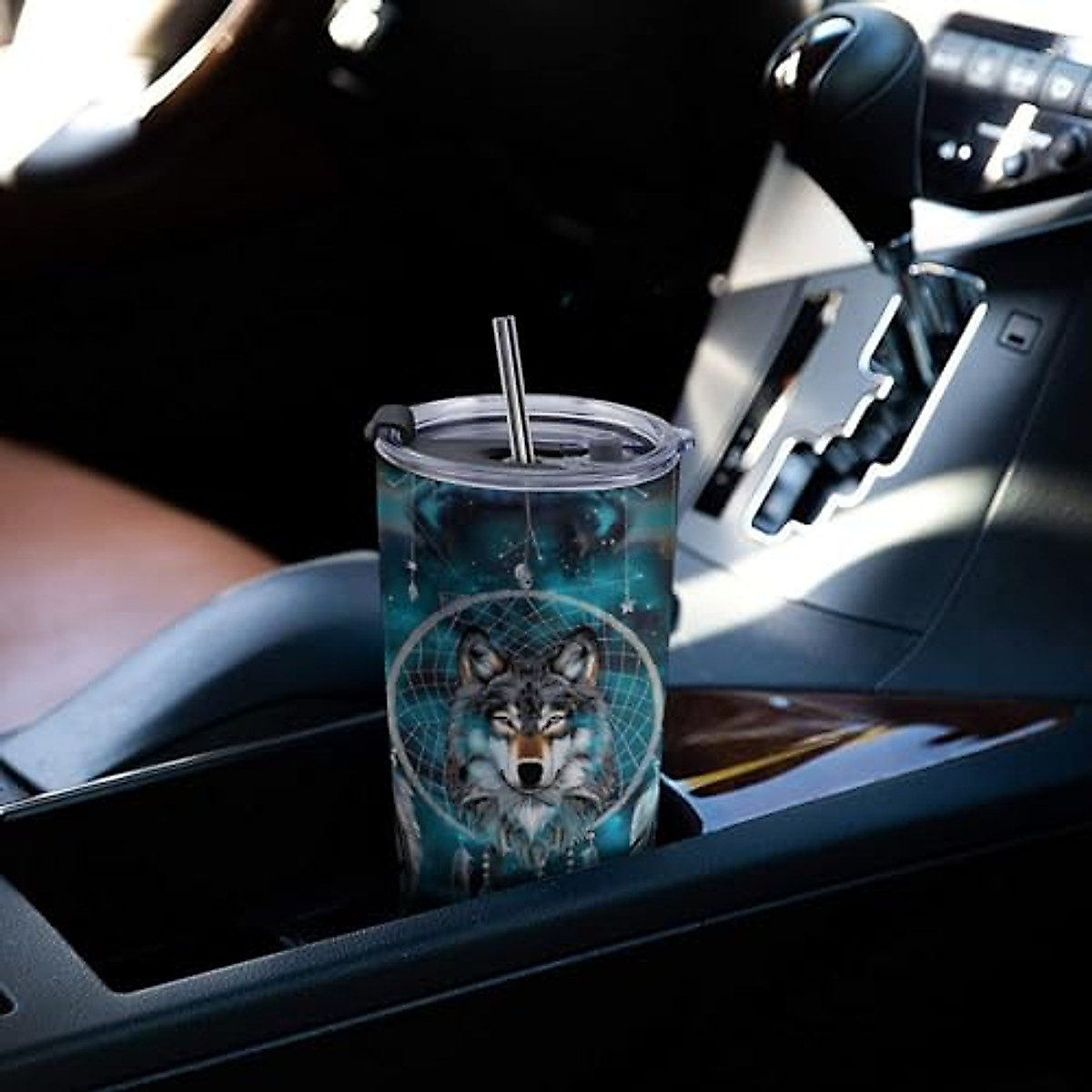WNICELIN Wolf Moon Dreamcatcher Tumbler Insulated Travel Mug Stainless Steel Travel Tumbler Car Cup with Straw And Brush with Lid 20oz