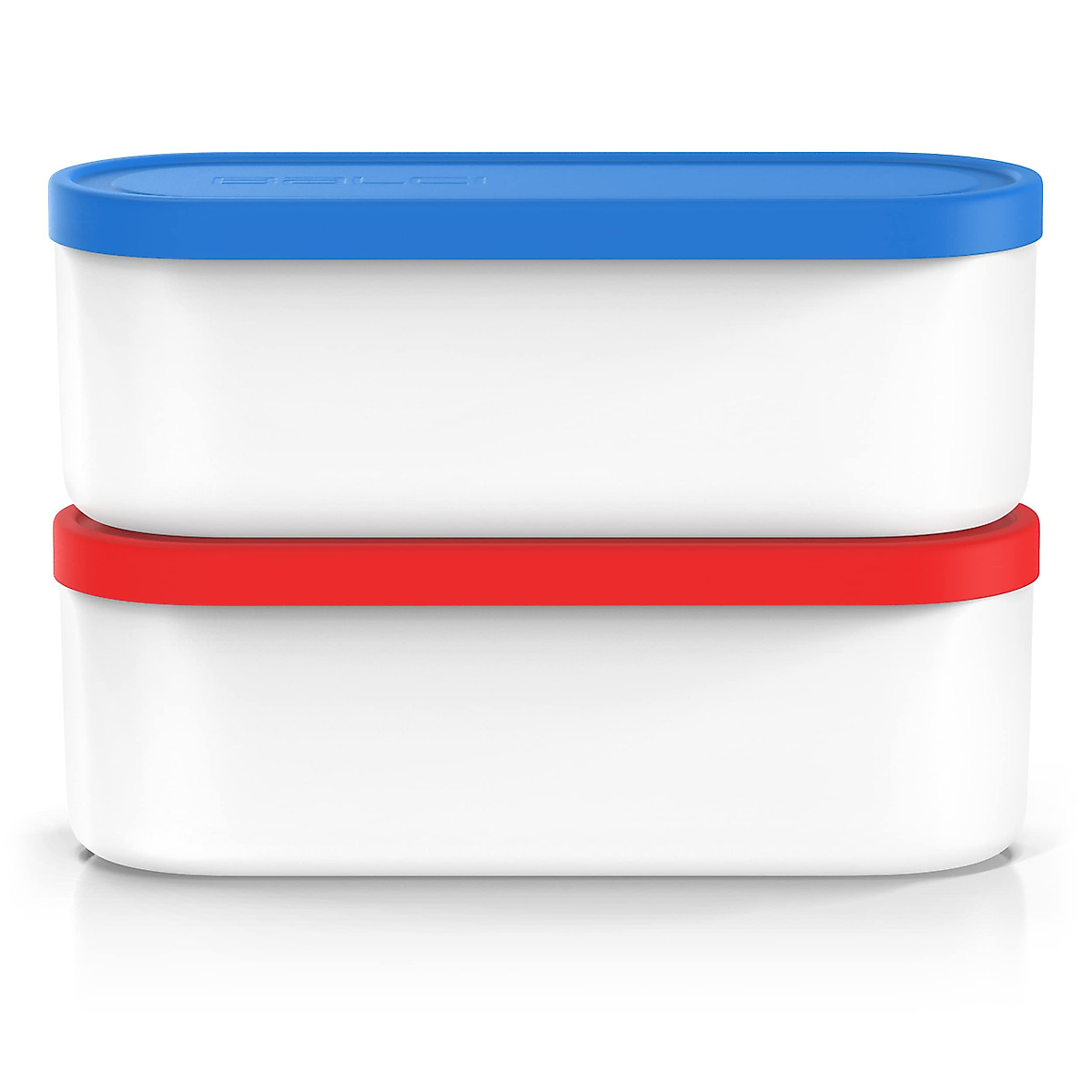 Ice Cream Containers - 2 Quart Ea. (Set of 2) - Premium Reusable Freezer Storage for Homemade Ice Cream Tub for Sorbet, Frozen Yogurt - Flexible Silicone Lids, Long Scoop, Stackable - Blue & Red