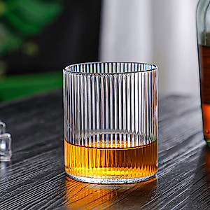 NF Old Fashioned Whiskey Glasses ,Retro Vertical Striped Glass Beverage Cups Glassware for Water, Beer, Juice, Bar Liquor Decor Gift (Thin line)