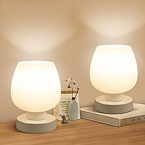 Touch Bedside Table Lamp Set of 2 - Small Modern, 3-Way Dimable Desk lamp with White Opal Glass Lamp Shade, 3000K LED Bulb, Simple Design Home Décor for Bedroom Living Room Nightstand