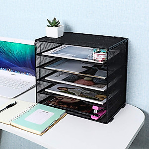 EasyPAG 5 Tier Mesh Desk File Organizer Office File Sorter Desk Trays Classroom Paper Organizer for Letter Legal File Holder Screwless Design,Black