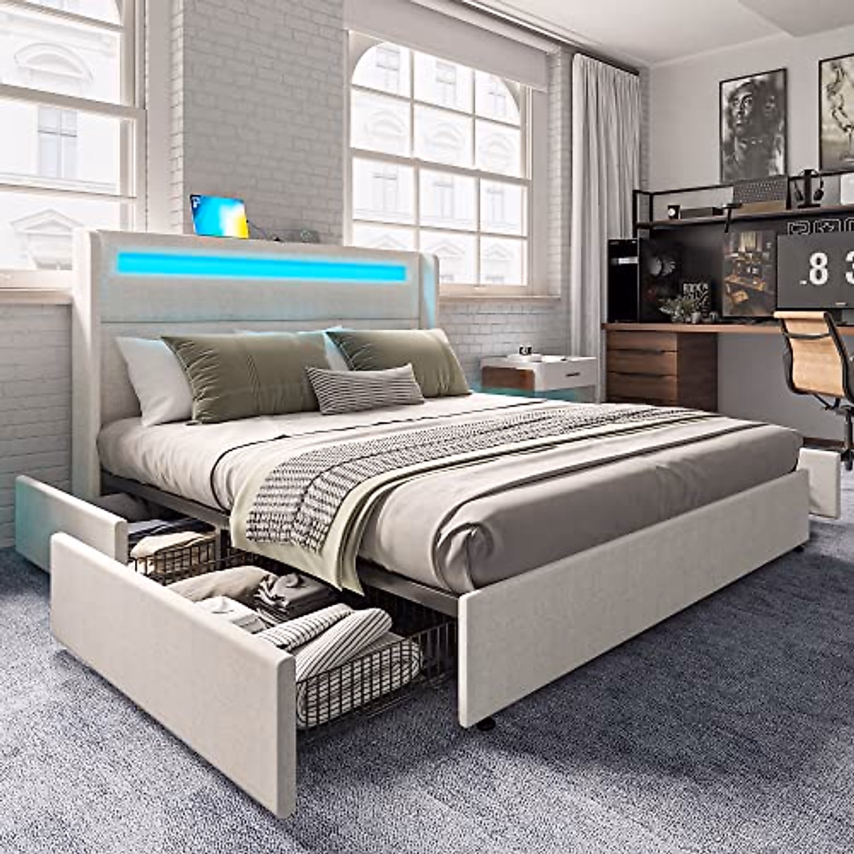 AMERLIFE Queen Bed Frame with RGBW LED Lights Headboard & 4 Storage Drawers, Upholstered Smart Platform Bed with USB & USB-C Ports, Box Spring Optional, Cream