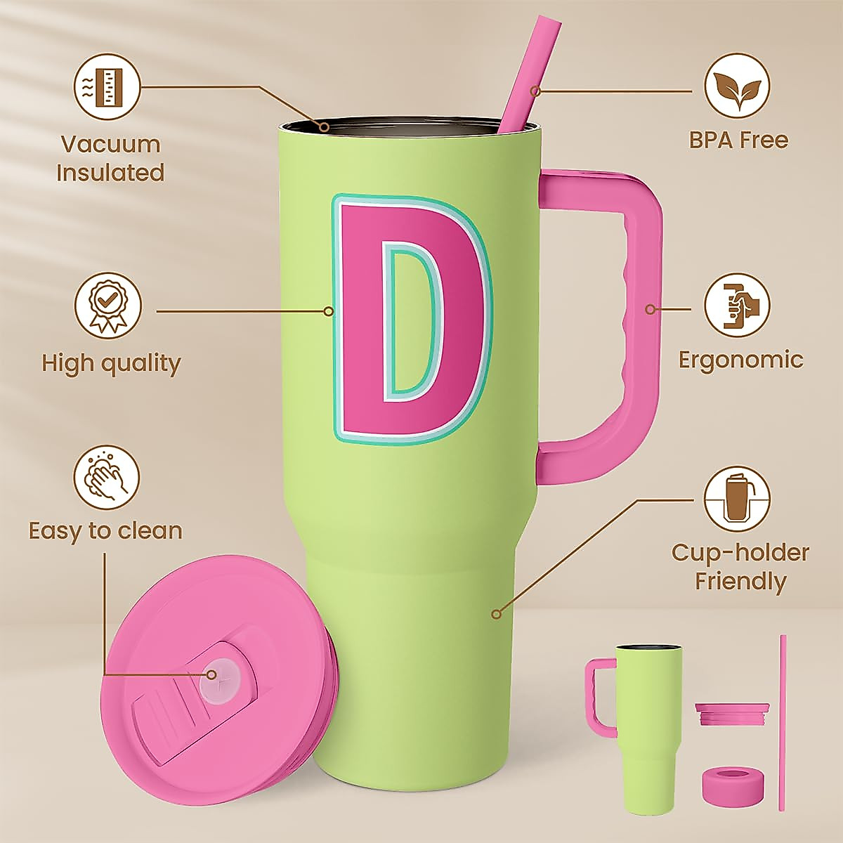 SANDJEST Monogrammed Tumbler with Handle 40oz, Letter D Tumblers Coffee Travel Cup with Straw, Personalized Monogram Initial Gifts for Women Girls, Customized Gifts for Christmas Birthday Mothers Day