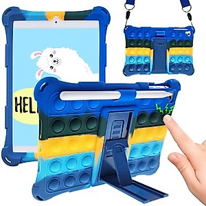 iZi Way Pop It iPad Tablet Case, iPad 9th / 8th / 7th Generation Case 10.2" Kids Boys, Fidgets Poppet Puppet Pop Its Bubble Silicone Case, Stand, Strap, Pencil Holder for 10.5" iPad Pro/Air 3 – Blue