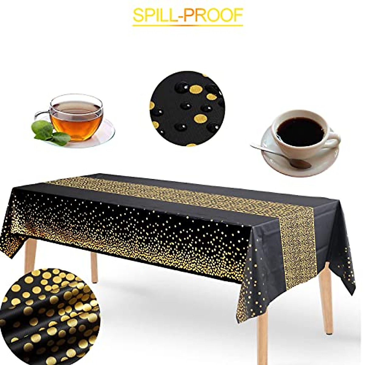 FECEDY 4 Packs 54"x108" Gold Wave Point Black Disposable Plastic Table Cover Waterproof Tablecloths for Rectangle Tables up to 8 ft in Length Party Decorations
