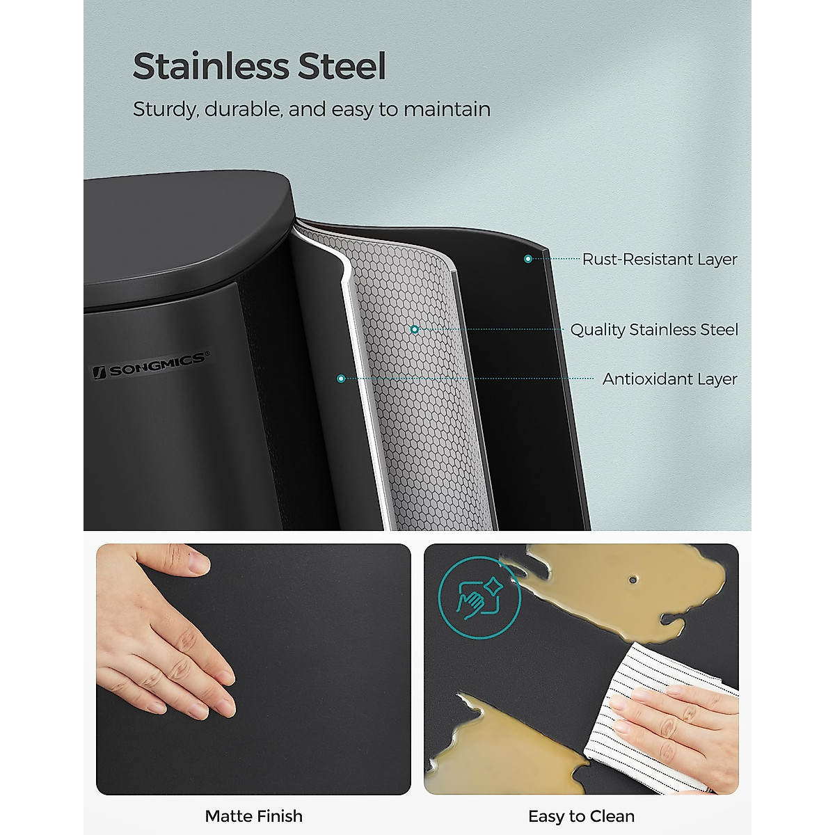 SONGMICS 13 Gallon Trash Can, Stainless Steel Kitchen Garbage Can, Recycling or Waste Bin, Soft Close, Step-On Pedal, Removable Inner Bucket, Black ULTB050B01