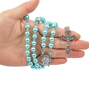 Nazareth Store Blue Pearl Beads Womens Rosary Handcrafted Beaded Necklace with Miraculous Medal and Jesus Cross