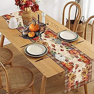 Fall Table Runner Autumn 72 Inches Long x 13 Burlap Linen Home Kitchen Decor Pumpkin Sunflower Leaves Buffalo Plaid Check Seasonal Coffee Dining Rustic Farmhouse Red Orange Yelllow Fall Table Runners