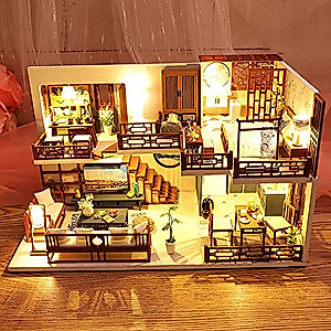 CUTEBEE Dollhouse Miniature with Furniture, DIY Wooden Dollhouse Kit Plus Dust Proof and Music Movement, 1:24 Scale Creative Room Idea(Quiet Time)