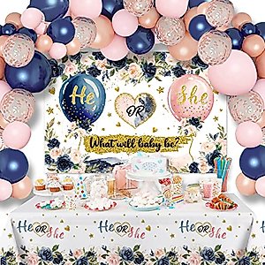 Gender Reveal Decorations Navy Blue and Blush Gender Reveal Backdrop ,He or She Gender Reveal Tablecloth, Navy Blue and Rose Gold Gender Reveal Balloons Garland Kit for Baby Shower Party Supplies