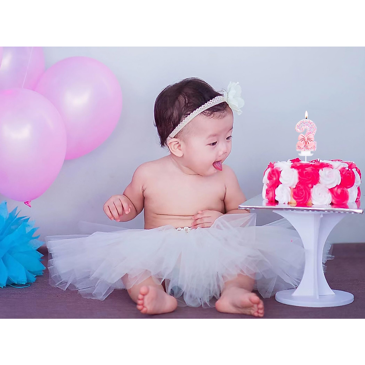 EAKE Number 2 Birthday Candle Pink Bowtie Glitter Number 2 Candle Birthday Girl Pastel Sweet Theme 2nd Birthday Party or Adults Milestone Age Decoration
