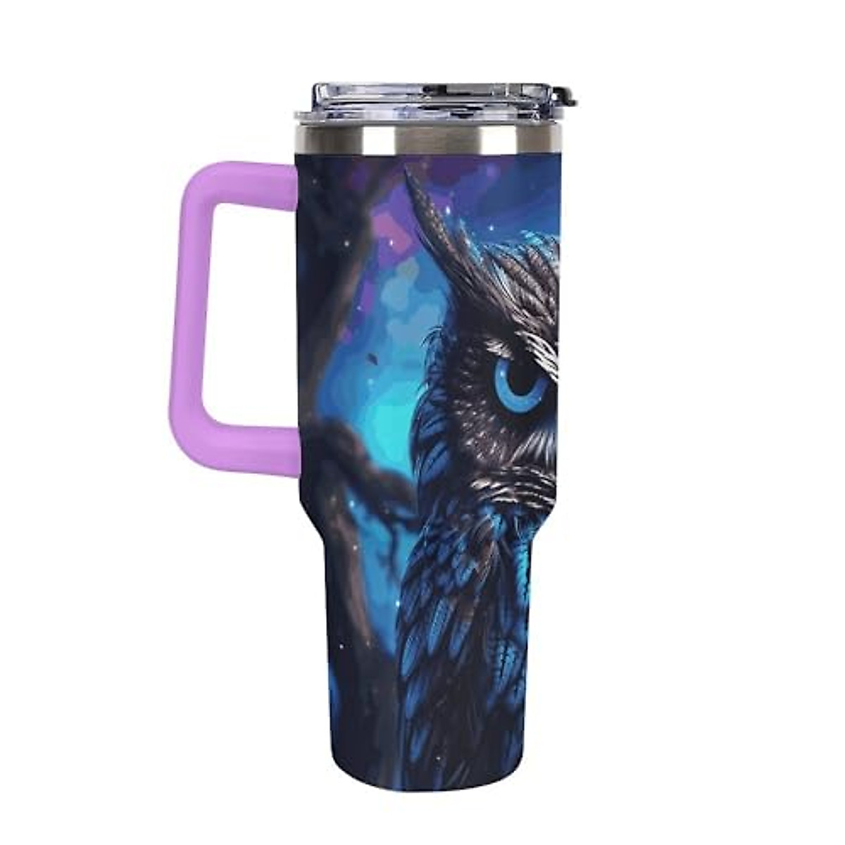 LLUTSNTH 40 Oz Vacuum Tumbler with Violet Handle Leakproof Insulated Tumbler Blue Owl Stainless Steel Travel Mug with Lid And Straw Coffee Cup Cute Water Bottles Cup Holder Friendly