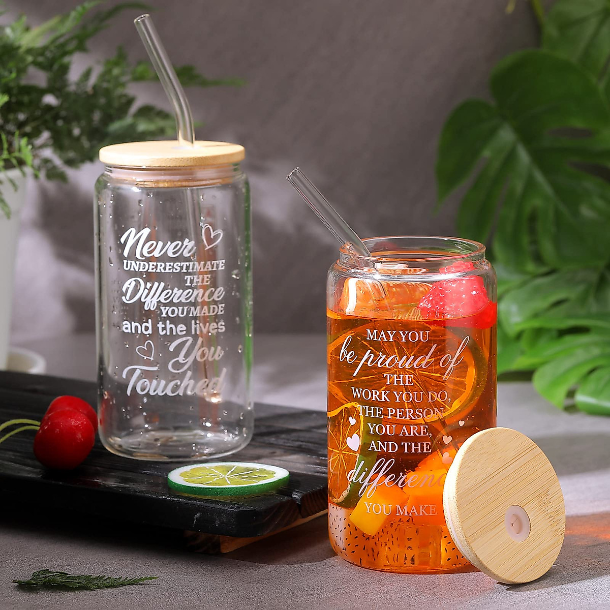 Jinei 4 Pcs 16 oz Employee Appreciation Gifts for Coworkers Bulk Inspirational Gifts Glass Cups with Bamboo Lids and Straws Set You're Awesome Thank You Gifts for Women Men