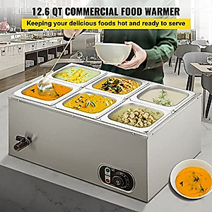 Commercial Food Warmer 6 Pan, Stainless Steel Bain Marie - 12.6 Qt Capacity, 1500W, Temperature Control, Electric Soup Warmer with Lids and Ladles