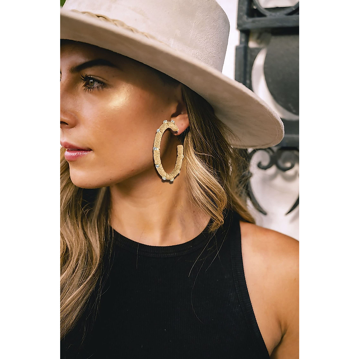 Rattan Earrings for Women Boho Statement Rhinestone Rattan Big Hoop Earrings Handmade Raffia Woven Straw Wicker Earrings Summer Beach Jewelry Gifts(Brown）