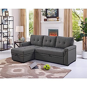 Maykoosh Lakeside Living Linen Cotton Upholstery Fabric Reversible 3 Seating Sectional Sleeper Sofa Chaise with Storage - 86" D x 54" W x 35" H Steel Gray