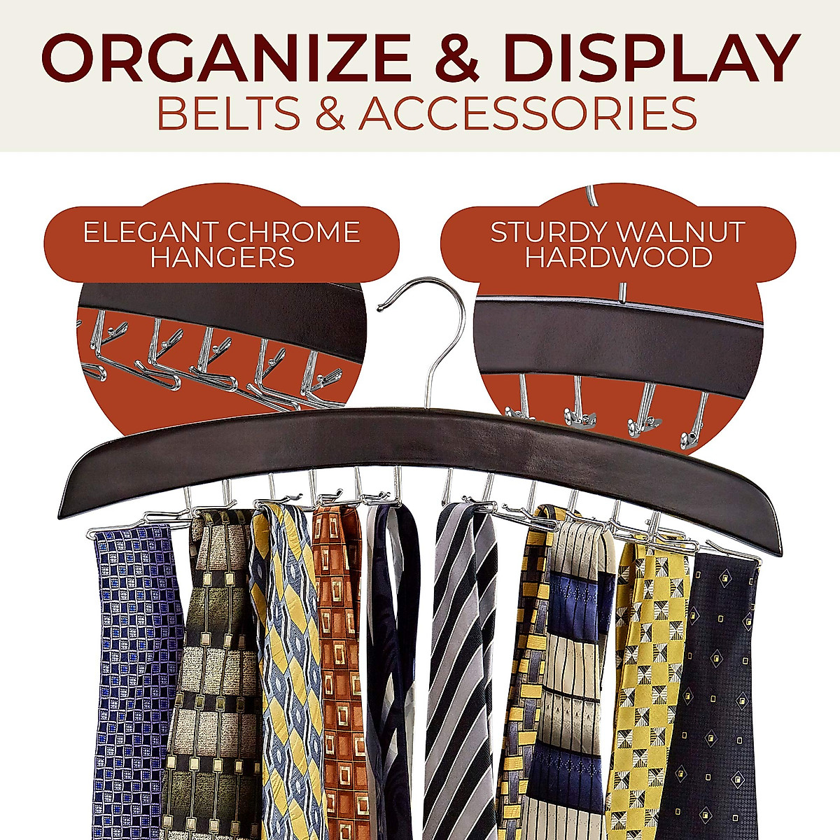 Richards Homewares Wooden Tie Rack Hanging Organizer for Mens Closet Accessories, Space Saving Necktie Holder for Storage and Display, Holds 24 Ties, Walnut Wood with Chrome Accents, Model:75531