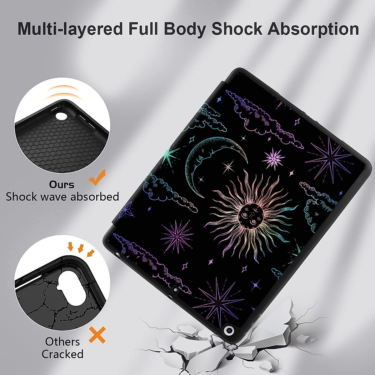 DONGKE Case Compatible with iPad 10.2 Inch 2021 2020 2019 iPad 9th/8th/7th Generation with Pencil Holder, Slim Stand Protective Case with Soft TPU Back, Auto Sleep/Wake Cover, Sun & Moon