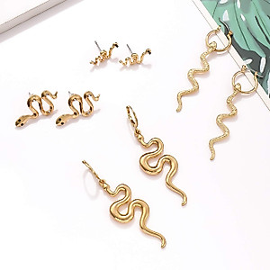 ZITULRY 9 Pairs Snake Earrings Charm Huggie Hoop Earrings Set Punk Rhinestone Serpent Drop Dangle Stud Earrings Minimalist Crystal Long Snake Earrings for Women Girls Jewelry Gift,Gold
