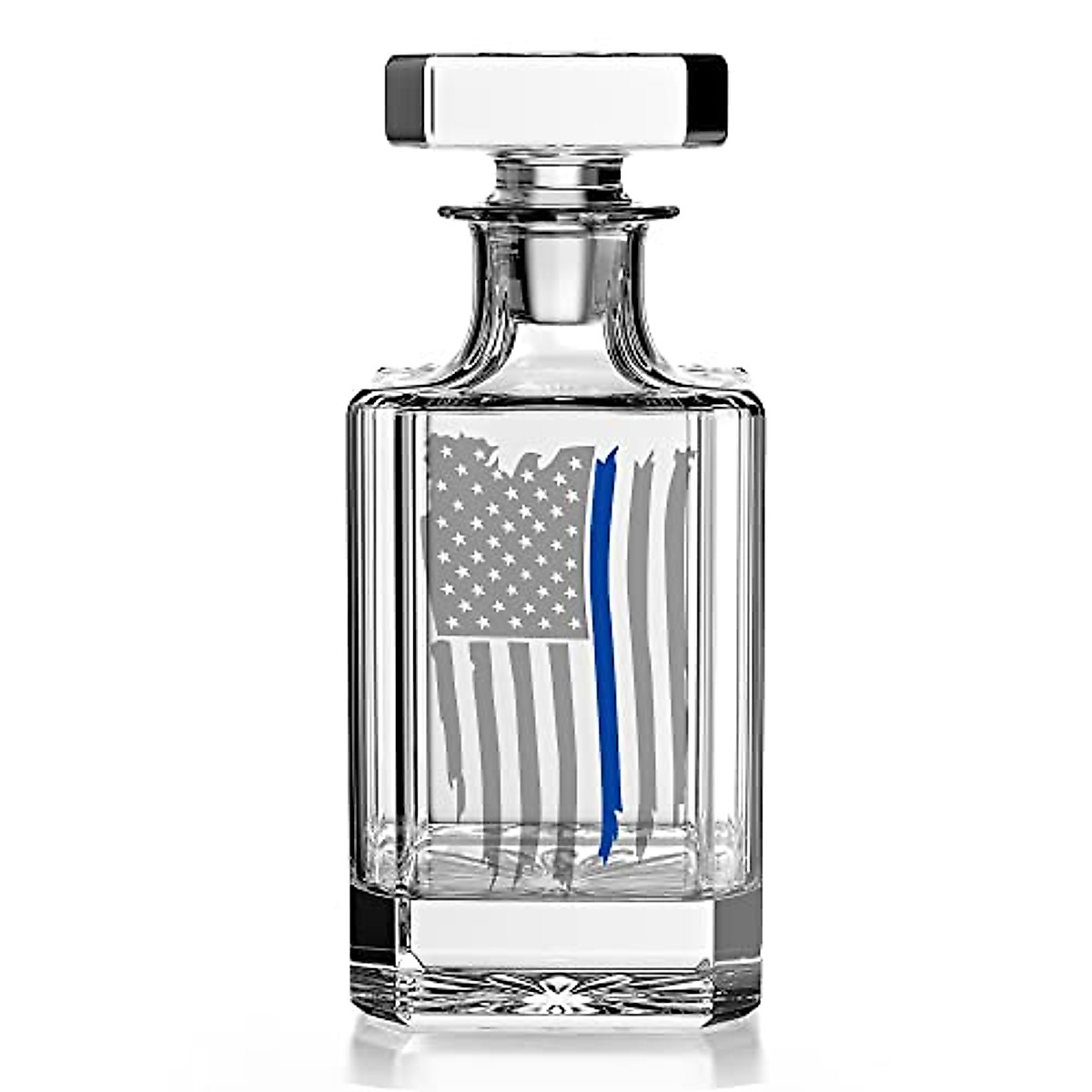 Thin Blue Line Police American Flag Decanter Whiskey Glass Gift Set - 5 Piece Set - Premium Gift Box