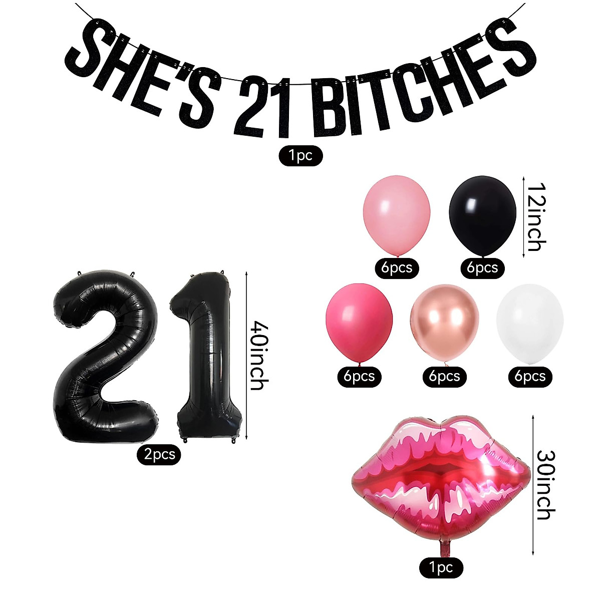 21st Birthday Decorations for Her, Black Pink 21st party Decorations for Women, Black 21 Balloon Number, Banner for Finally 21 Party Supplies