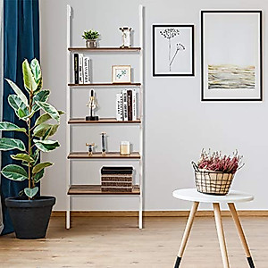 Tangkula 5-Shelf Bookcase, Modern 5-Tier Wood Wall Mounted Ladder Bookshelf with Metal Frame, 72 Inches Tall Industrial Open Ladder Shelf Display Rack Storage Shelves for Home Office (White, 1)