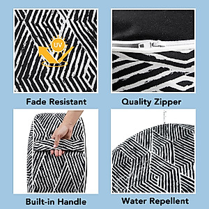 Codi Outdoor Pouf Ottoman, Inflatable Ottomans for Patio, Porch and Beach, Water Repellent Round Foot Rest with Handle, D21'' x H9'', Black and White