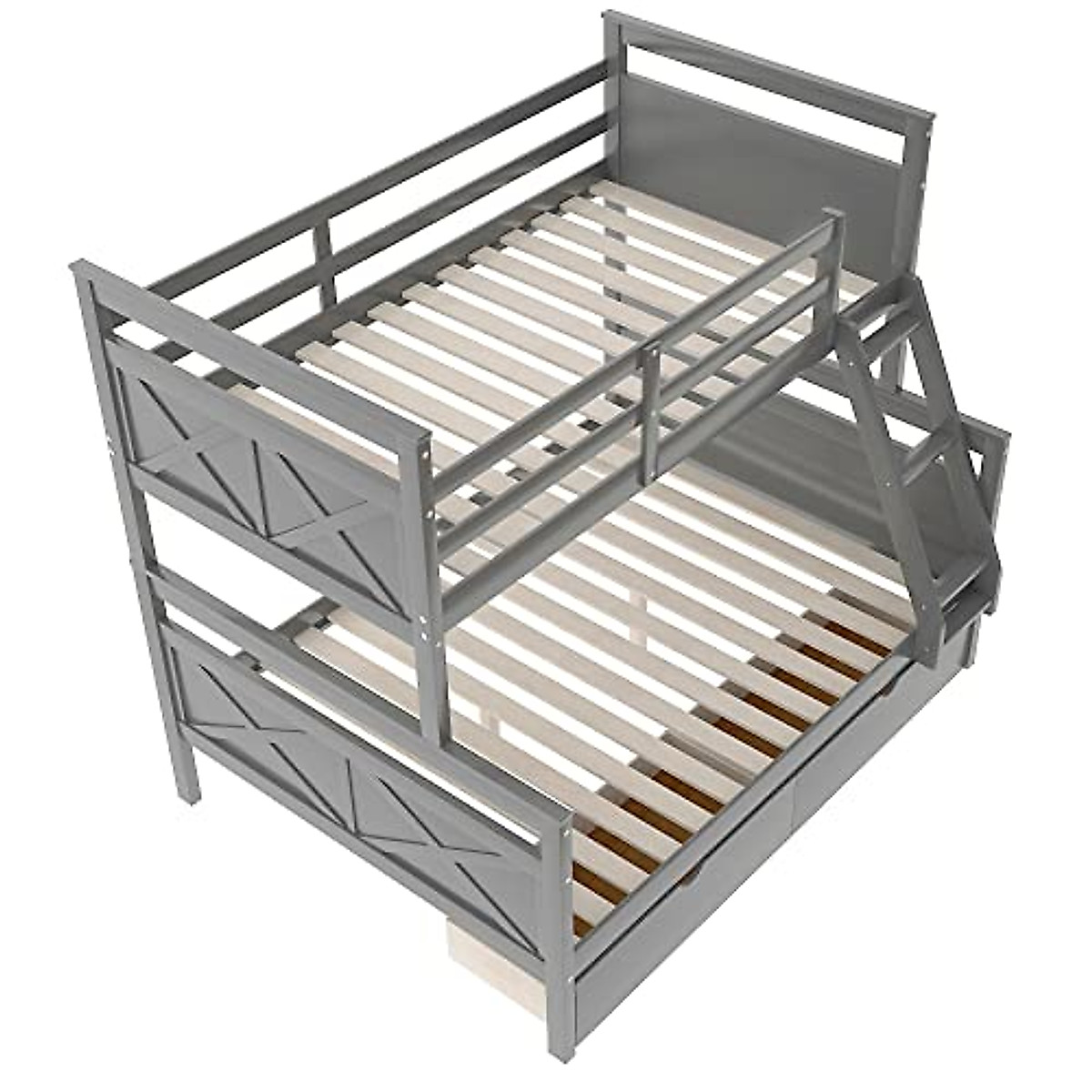 GLORHOME Twin Over Full Bunk Bed with 2 Storage Drawers, Solid Wood Bed Frame with Safety Rail and Ladder, Kids/Teens Bedroom, Guest Room Furniture, Can Be Converted into 2 Beds, Grey