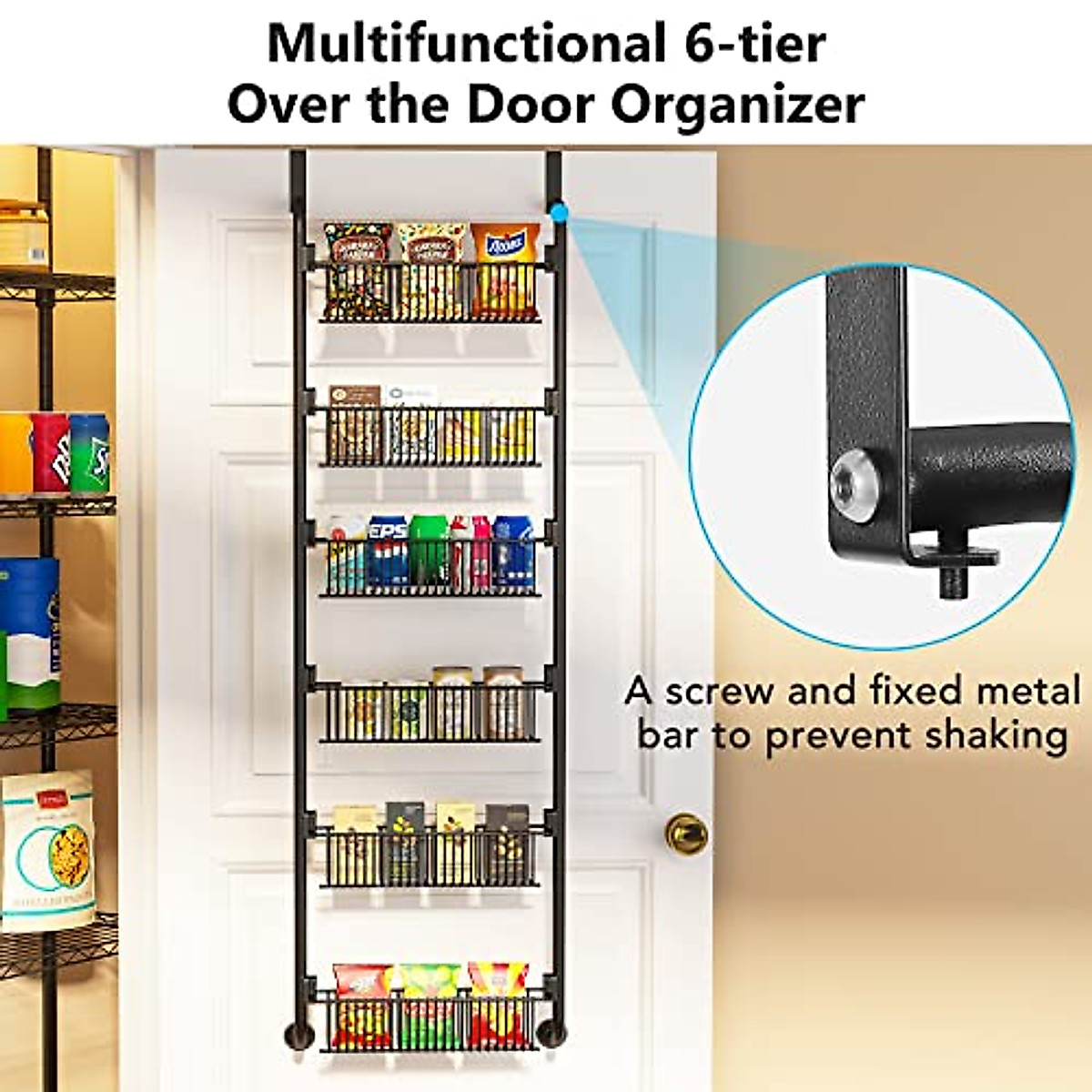 1Easylife 6-Tier Over the Door Pantry Organizer, Heavy-Duty Metal Pantry Door Organizer with 6 Baskets, Hanging Storage Door Organization Kitchen Spice Rack (6x4.72"Width Baskets, Black)