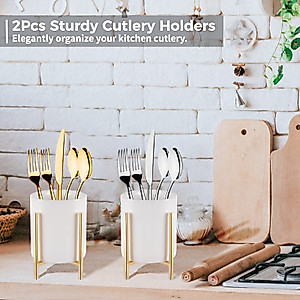 Varku 2Pcs Sturdy Cutlery Holders, White Ceramic Cup with Golden Metal Bracket, Robust Silverware Caddy, Round Utensil Crock for Countertop, Desktop Flatware Organizer for Kitchen