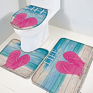Apular Fashion 3 Piece Bath Rugs Set Pink Flip Flops on The Beach, Vintage Blue Farm Wooden Grain Non Slip Ultra Soft Bathroom Accessories Mats, U Shape Mat and Toilet Lid Cover Mat Bath Mats