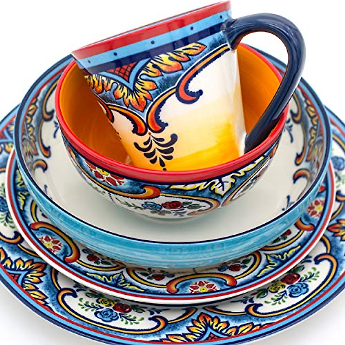 Euro Ceramica Zanzibar Collection Vibrant Coffee/Tea Mug Set, 4 Piece, Spanish Floral Design, Multicolor