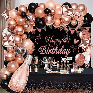 Winrayk Black Rose Gold Birthday Party Decorations for Women Girls, Rose Gold and Black Balloons Garland Arch Kit & Backdrop Tablecloth Champagne Star Love Foil Balloon, Rose Gold Birthday Decorations