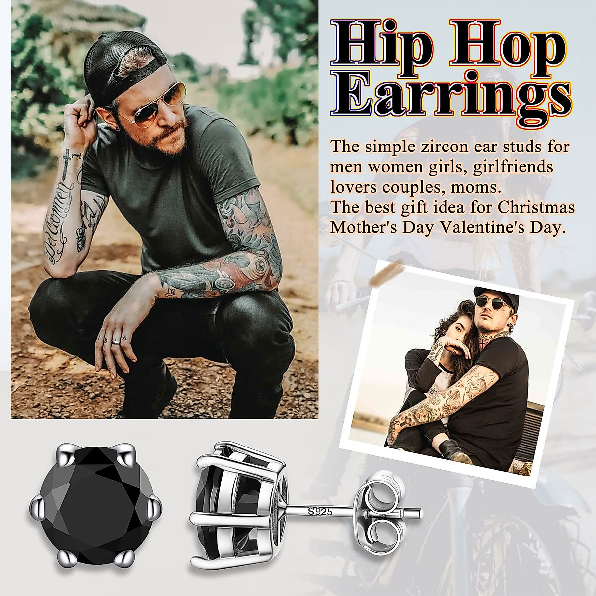 Suplight Womens Mens Earrings 925 Sterling Silver Black Cubic Zirconia Stud Earrings for Women 9mm