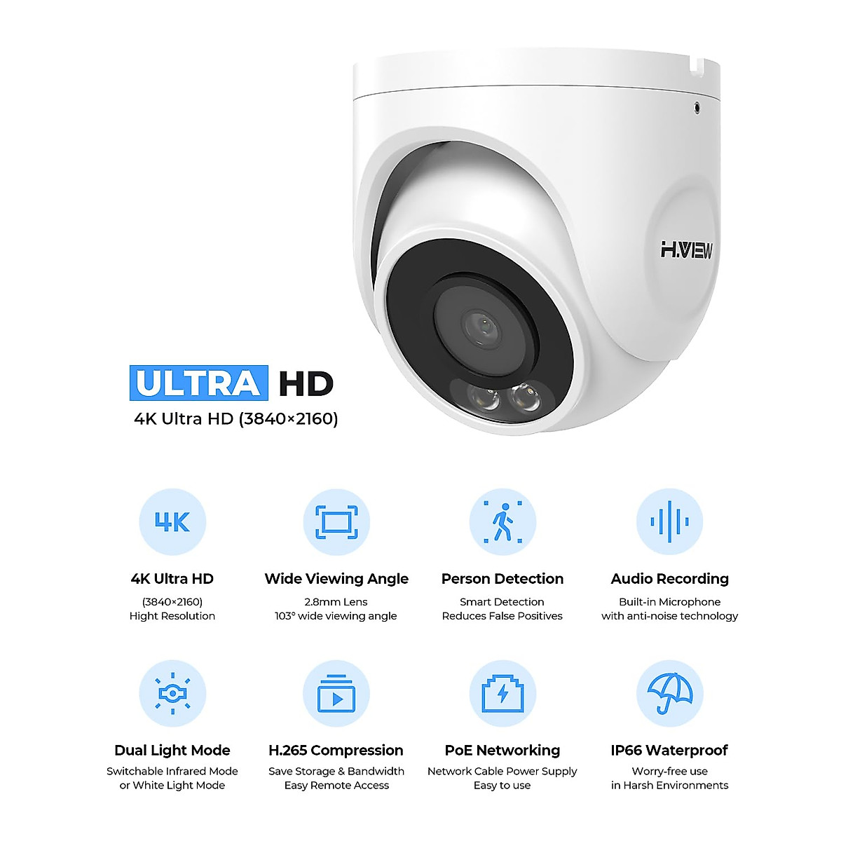 H.VIEW 8MP/4K Outdoor Dome Security POE IP Camera, Smart Dual Illumination, 100ft Night Vision, 2.8mm Lens Wide Angel, IP66, One-Way Audio, H.265+, Smart AI Detection, (Hikvision Compatible)