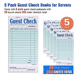 Guest Checks Book 5 Pack, Server Note Pads, Waitress Accessories Wirting Pad, Restaurant Supplies Order Pad Total 250 Sheets