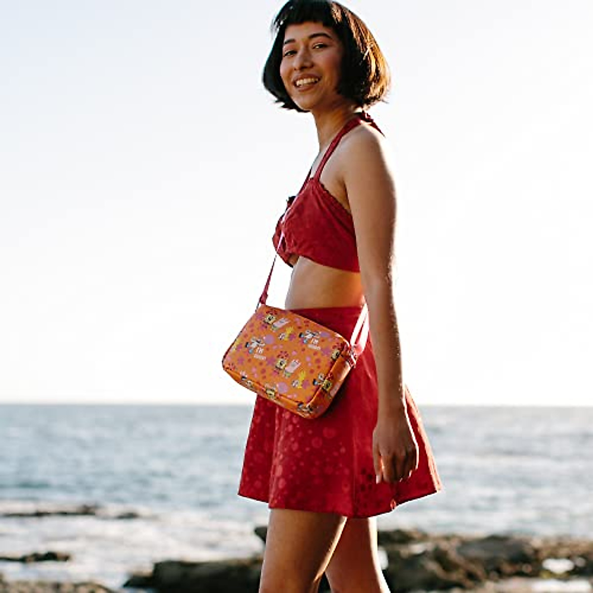 Buckle Down Nickelodeon Bag, Cross Body, Rectangle, Spongebob and Friends Im Ready Flowers and Bubbles, Orange, Vegan Leather, Nick 90's Rewind