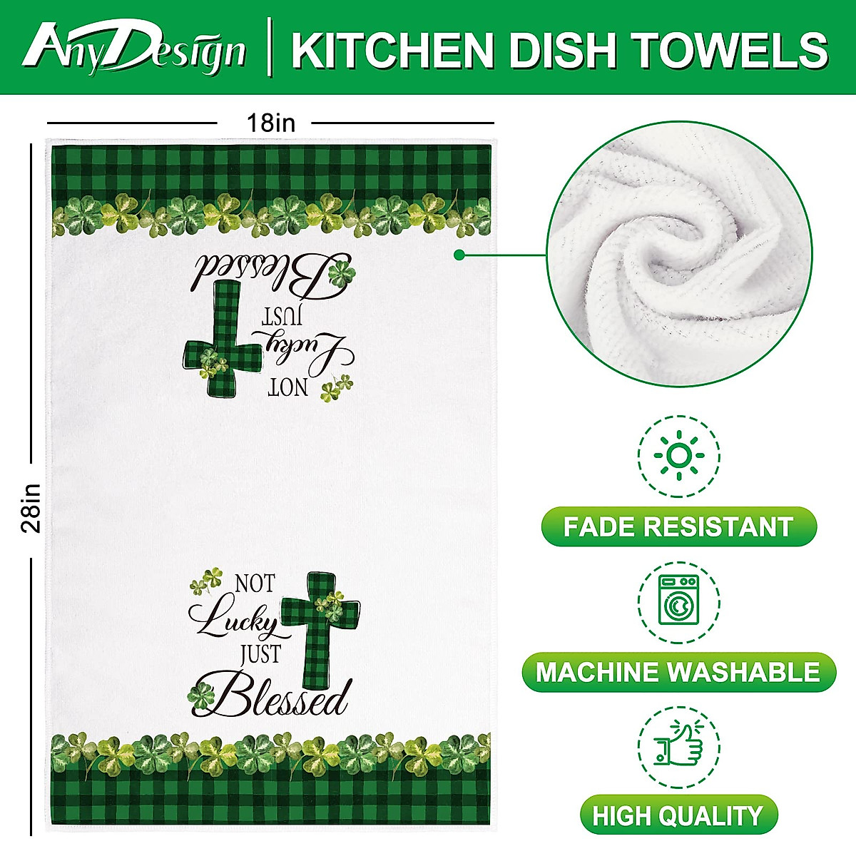 AnyDesign St. Patrick's Day Kitchen Towel Green Buffalo Plaid Shamrock Dish Towel 18 x 28 Inch Lucky Clover Truck Hat Hand Drying Tea Towel for Irish Holiday Cooking Baking Cleaning Wipes, Set of 4